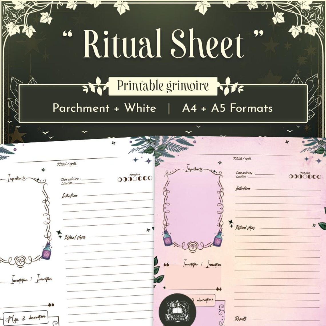 Printable Ritual Sheet - Grimoire De Sorcières, 2 Versions & 2 Formats ...