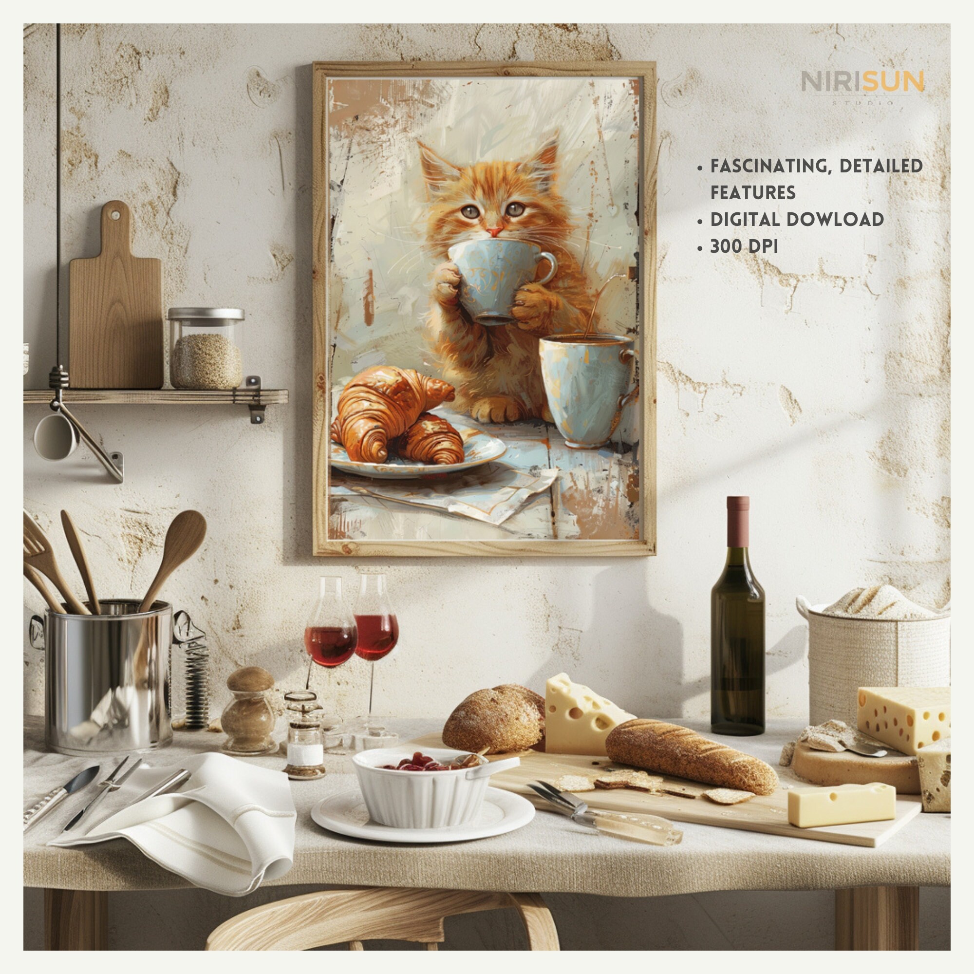 Orange Cat Wall Art, Vintage Kitchen Decor, Funny Cat Print, Croissant ...