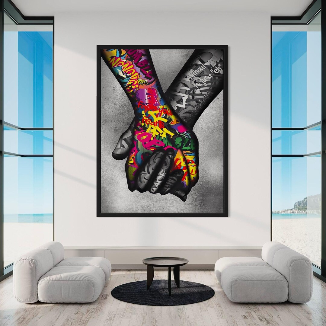 Graffiti Holding Hands Canvas Modern Friendship Pop Art Symbolic Poster ...