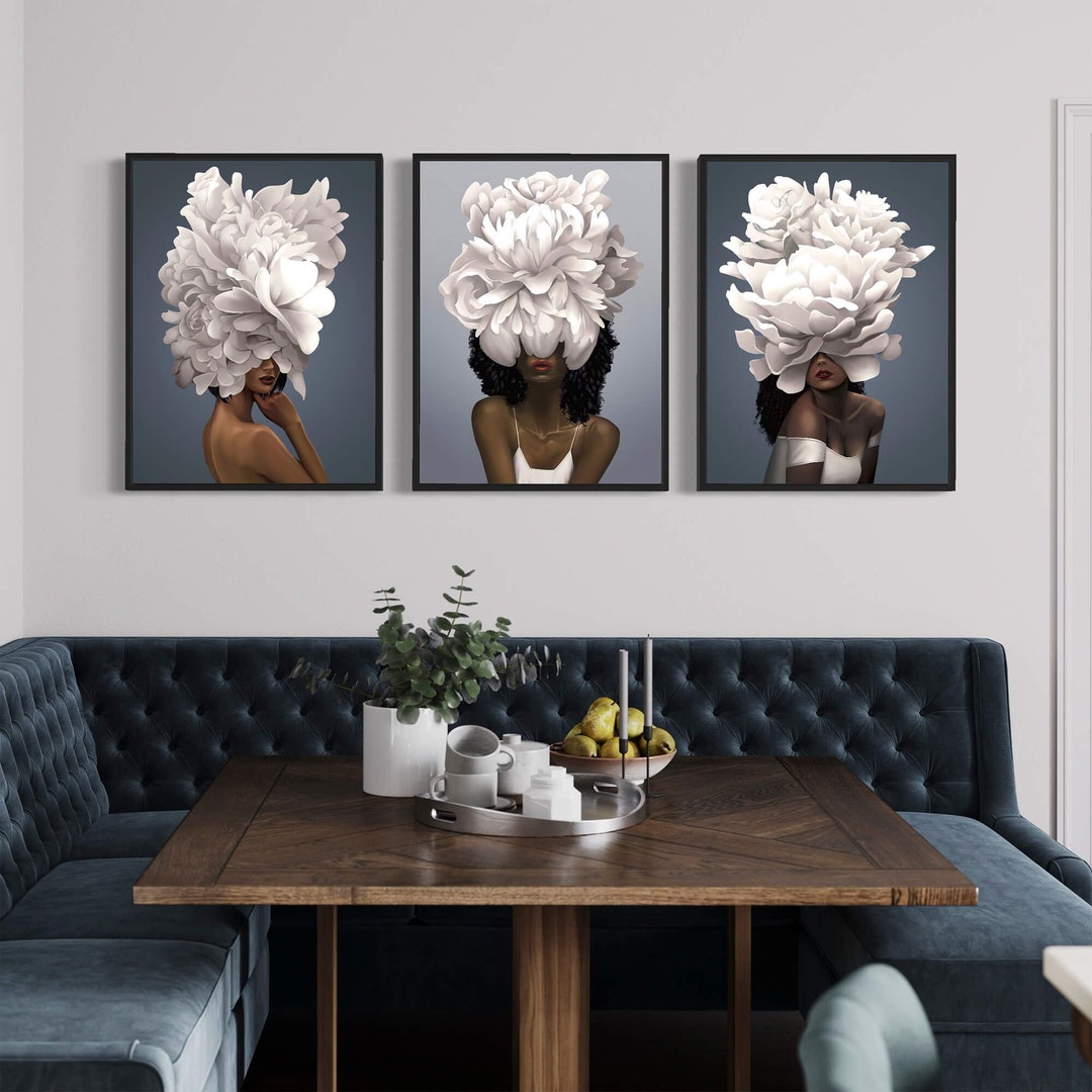 Floral Woman Canvas Print Set: Modern Peony Triptych - Etsy