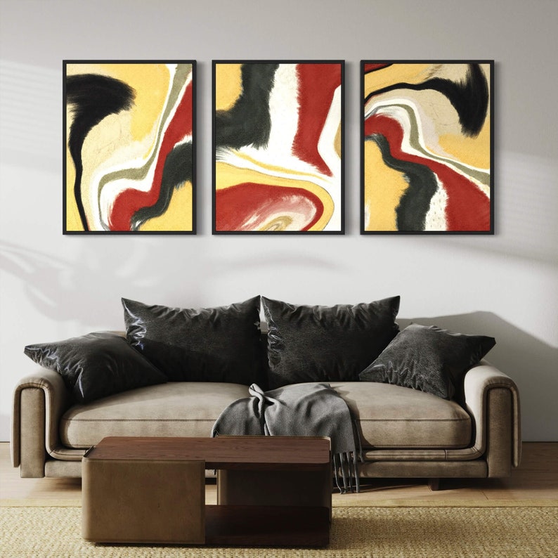 Abstract Triptych Wall Art: Red, Yellow, and Black Canvas Prints - Etsy