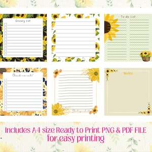 MEMO PAD SUNFLOWER Design Set of 6 Printable Floral Notepad Cute Sticky ...