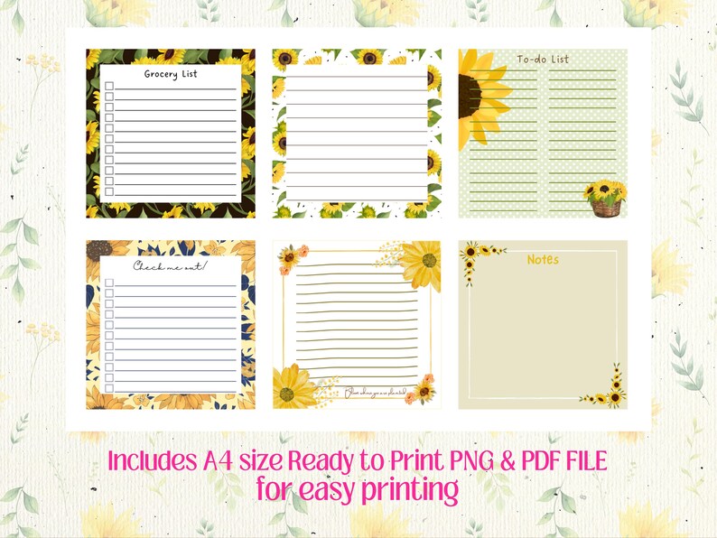MEMO PAD SUNFLOWER Design Set of 6 Printable Floral Notepad Cute Sticky ...