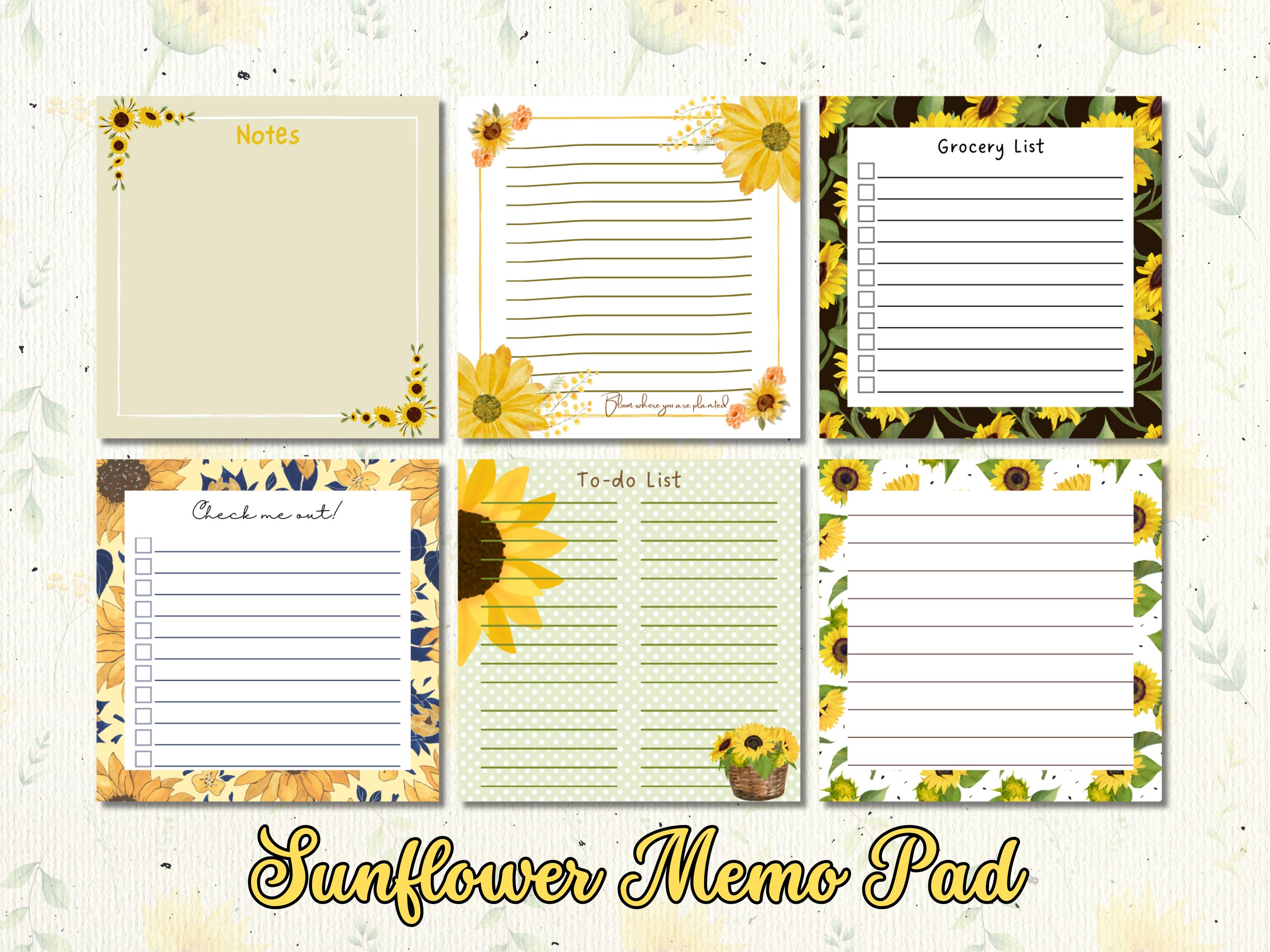 MEMO PAD SUNFLOWER Design Set of 6 Printable Floral Notepad Cute Sticky ...