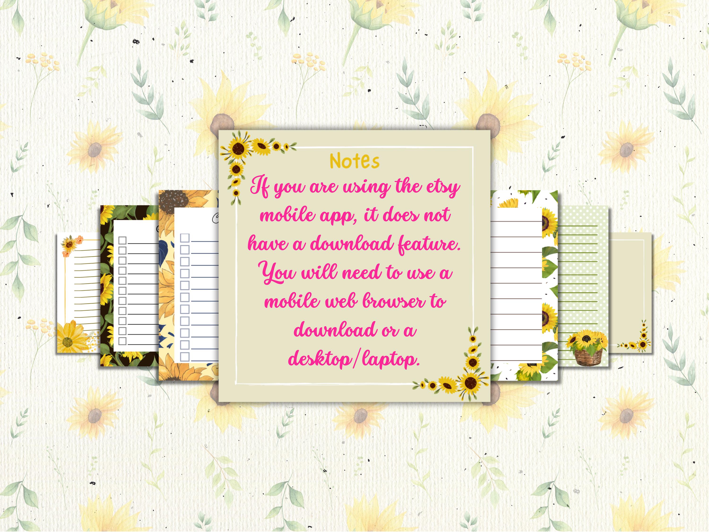 MEMO PAD SUNFLOWER Design Set of 6 Printable Floral Notepad Cute Sticky ...