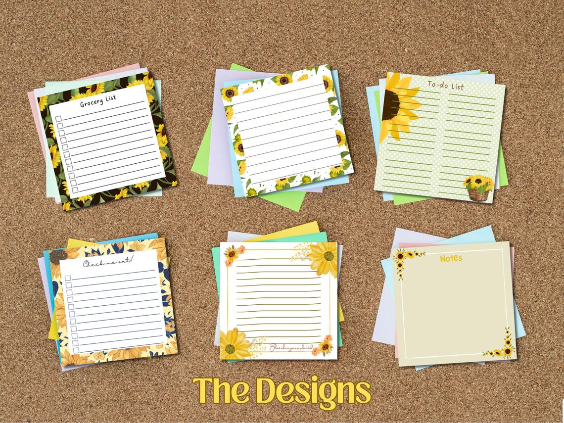 MEMO PAD SUNFLOWER Design Set of 6 Printable Floral Notepad Cute Sticky ...