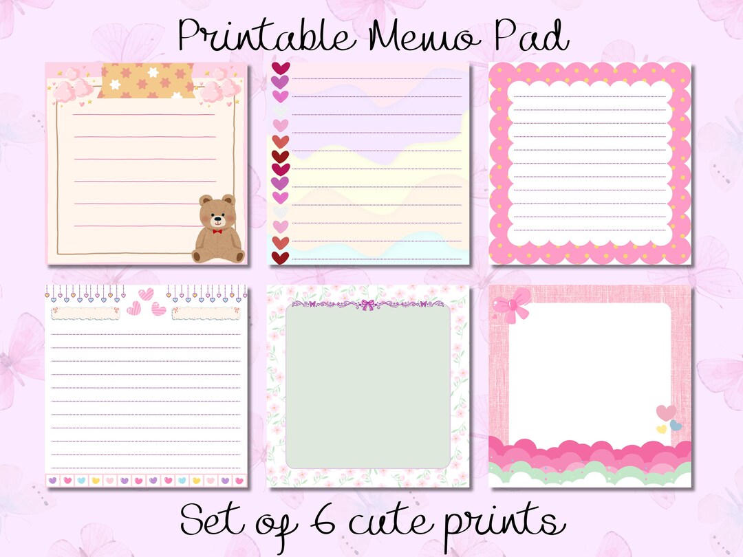 Cute Pastel Notepads, 6 Designs Printable Memo Pads, Girly Sticky Notes ...