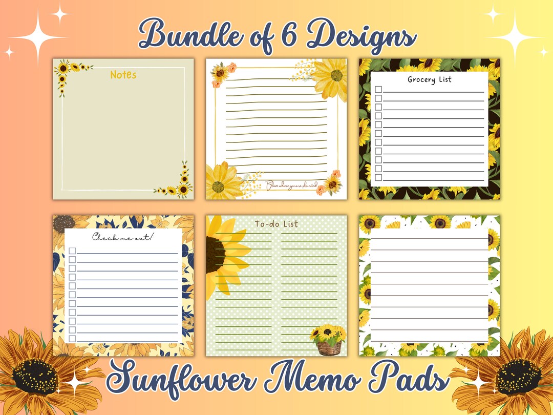 SUNFLOWER MEMO PAD, Printable Notepad, Stationery, Summer Design Note Pad, Flower Design ...