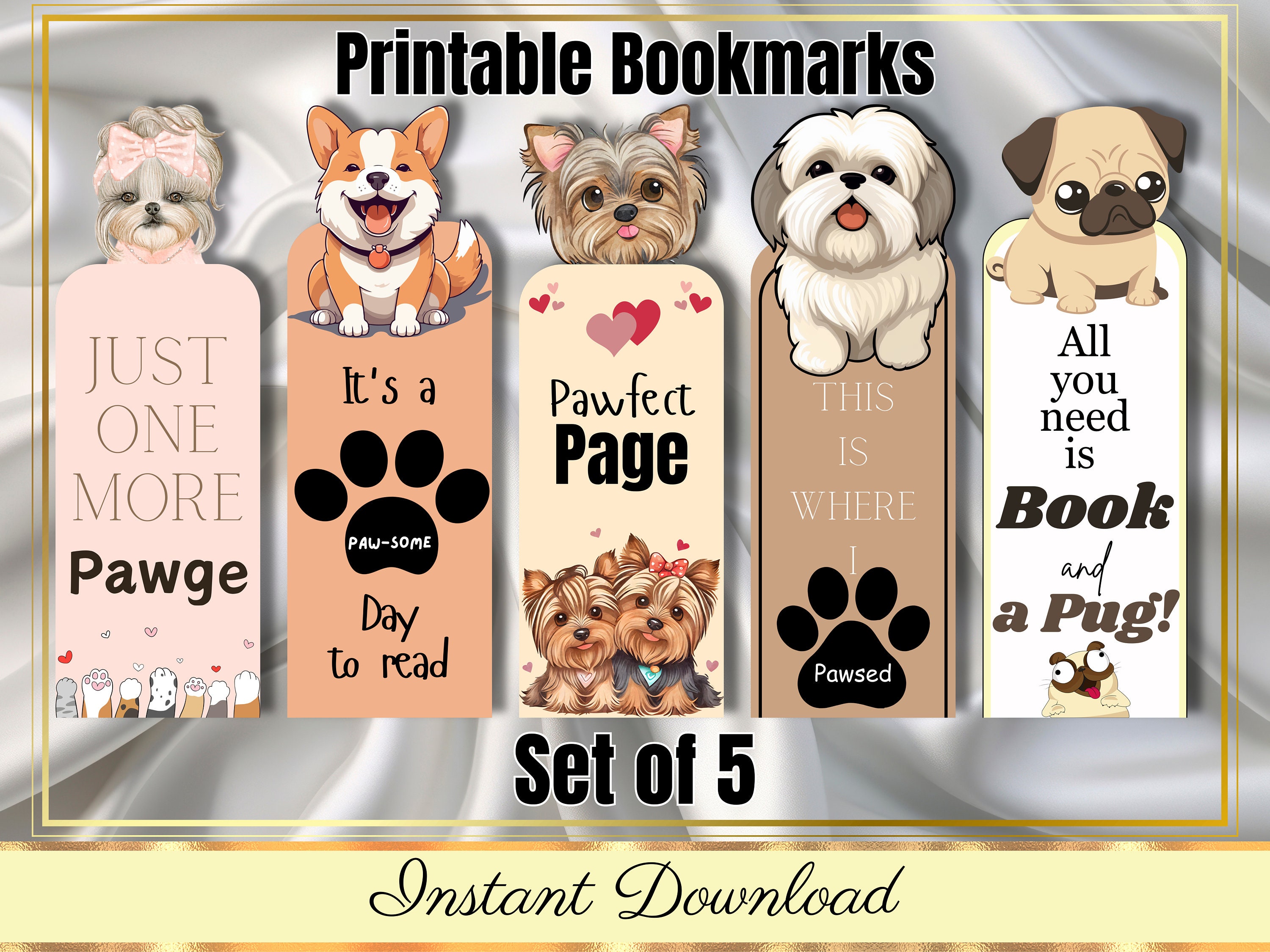 Dog Lover Bookmarks Set of 5, Dog Head Pop-up Bookmarks, Printable ...