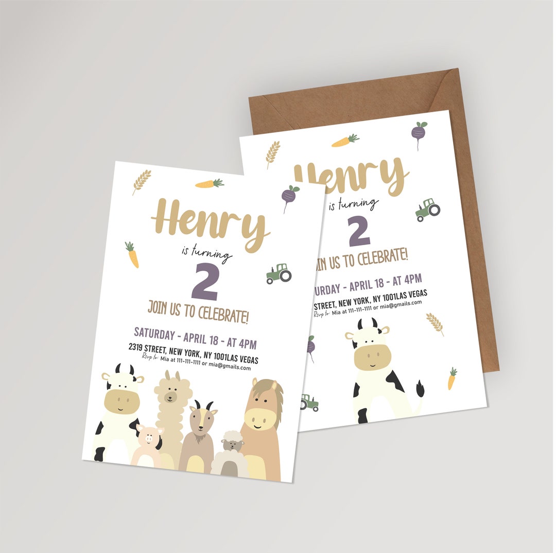 Farm Animals Invitation Cards for Kids Birthday Party Printable and ...