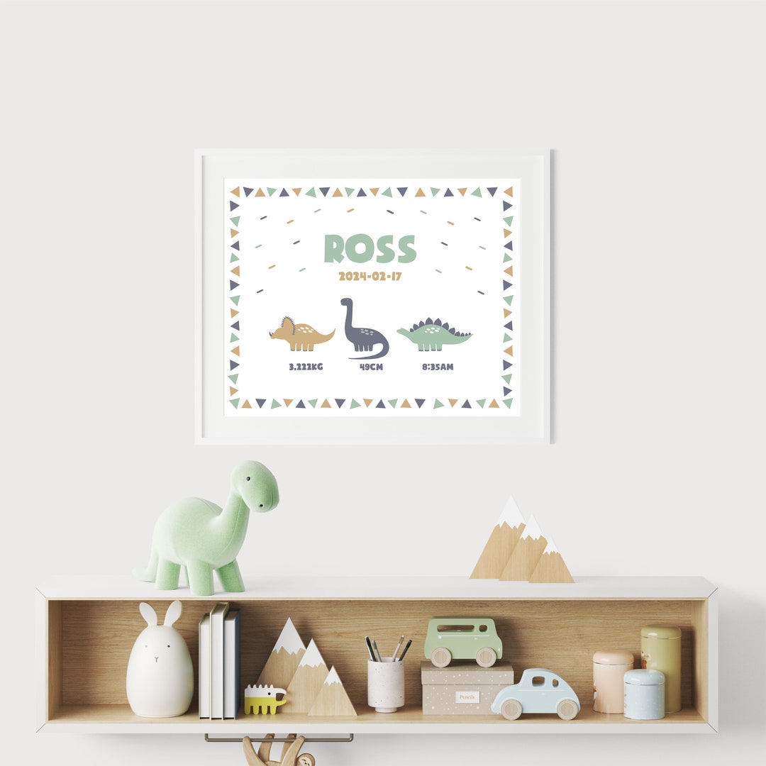 Baby Birth Stats Baby Metrics Printable Wall Art With Dinosaurs Design ...