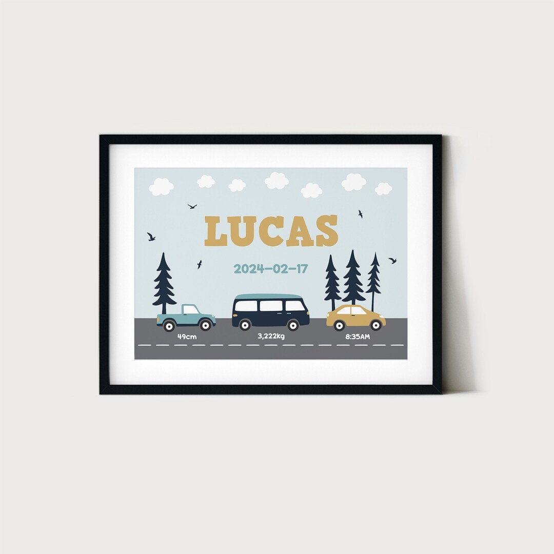 Baby Birth Metrics Baby Stats Printable Wall Art With Car Illustrations ...