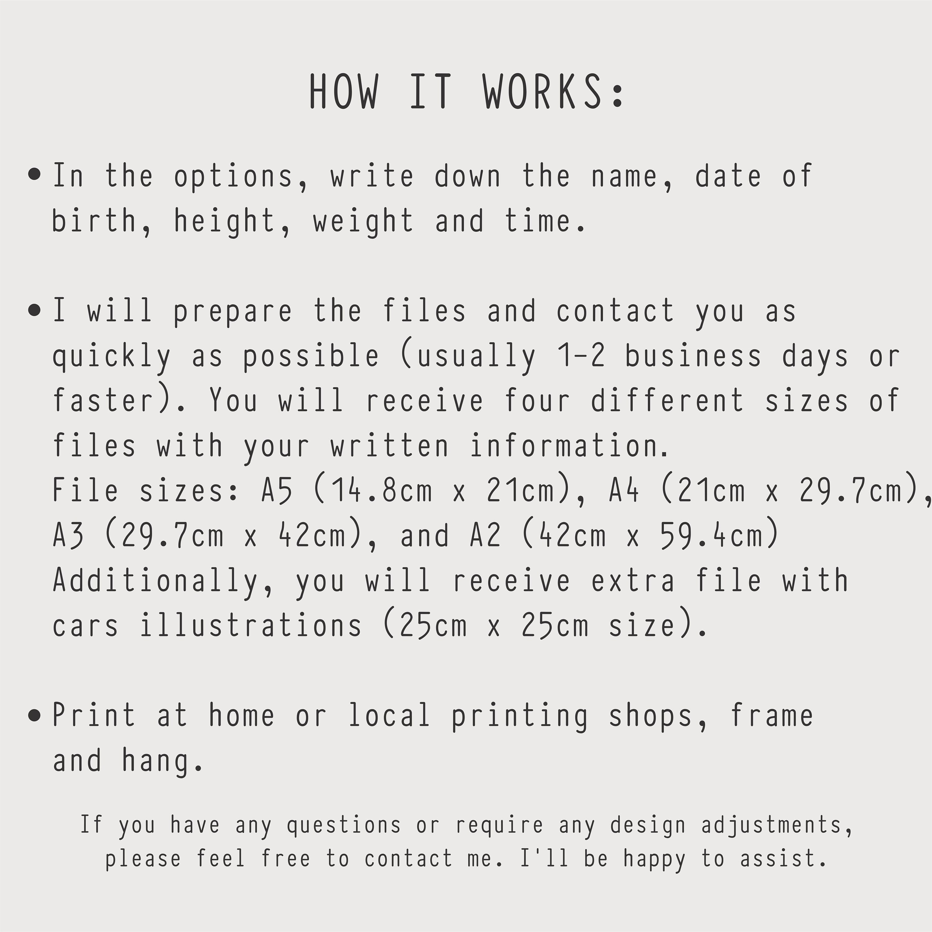 Baby Birth Metrics Baby Stats Printable Wall Art With Car Illustrations ...