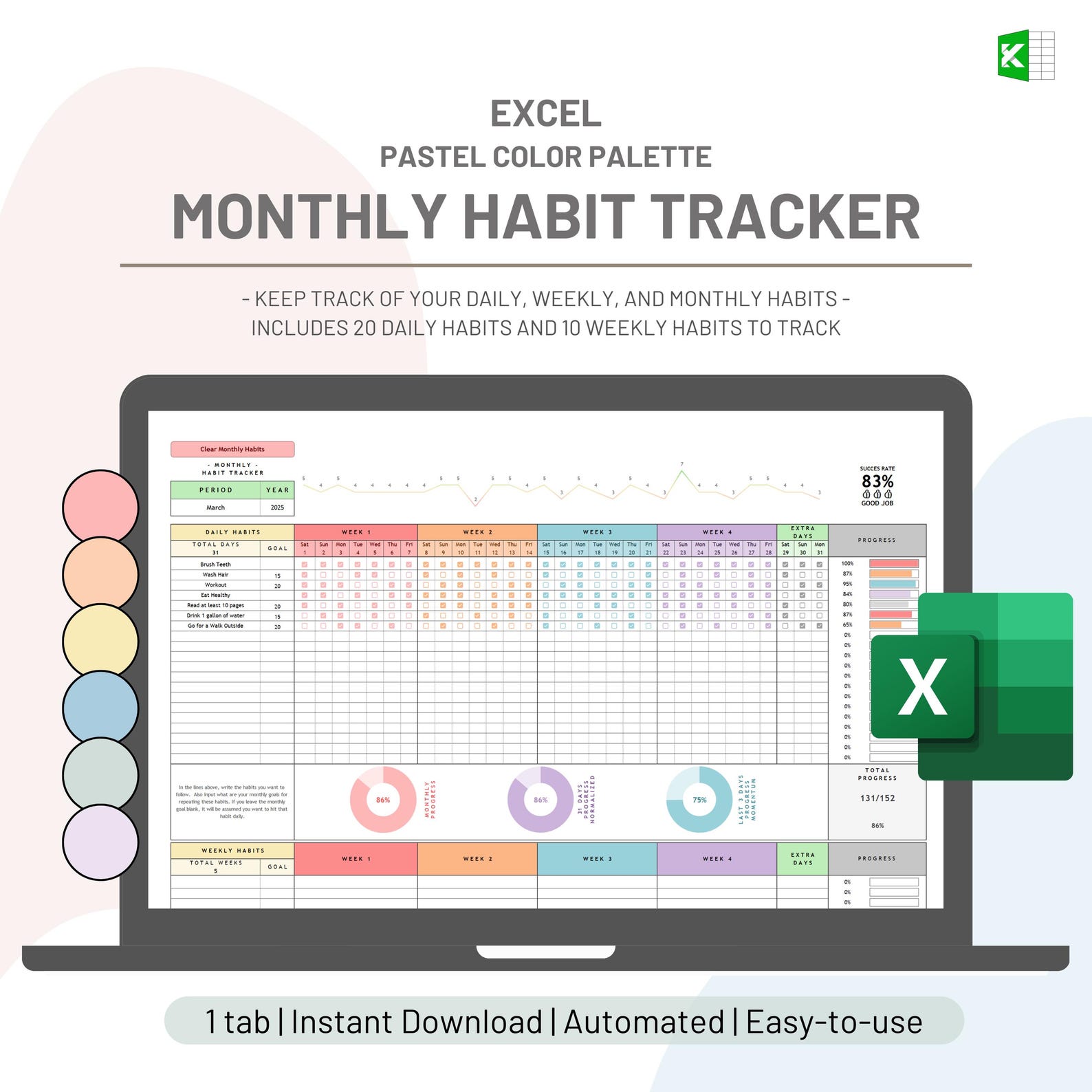 Habit Tracker - Excel Template for Daily Habit Monitoring, Success ...
