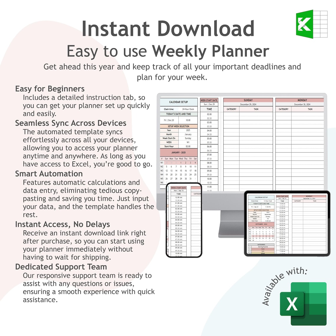 Weekly Planner - Excel Template With Weekly Schedule Planner Pastel - Etsy