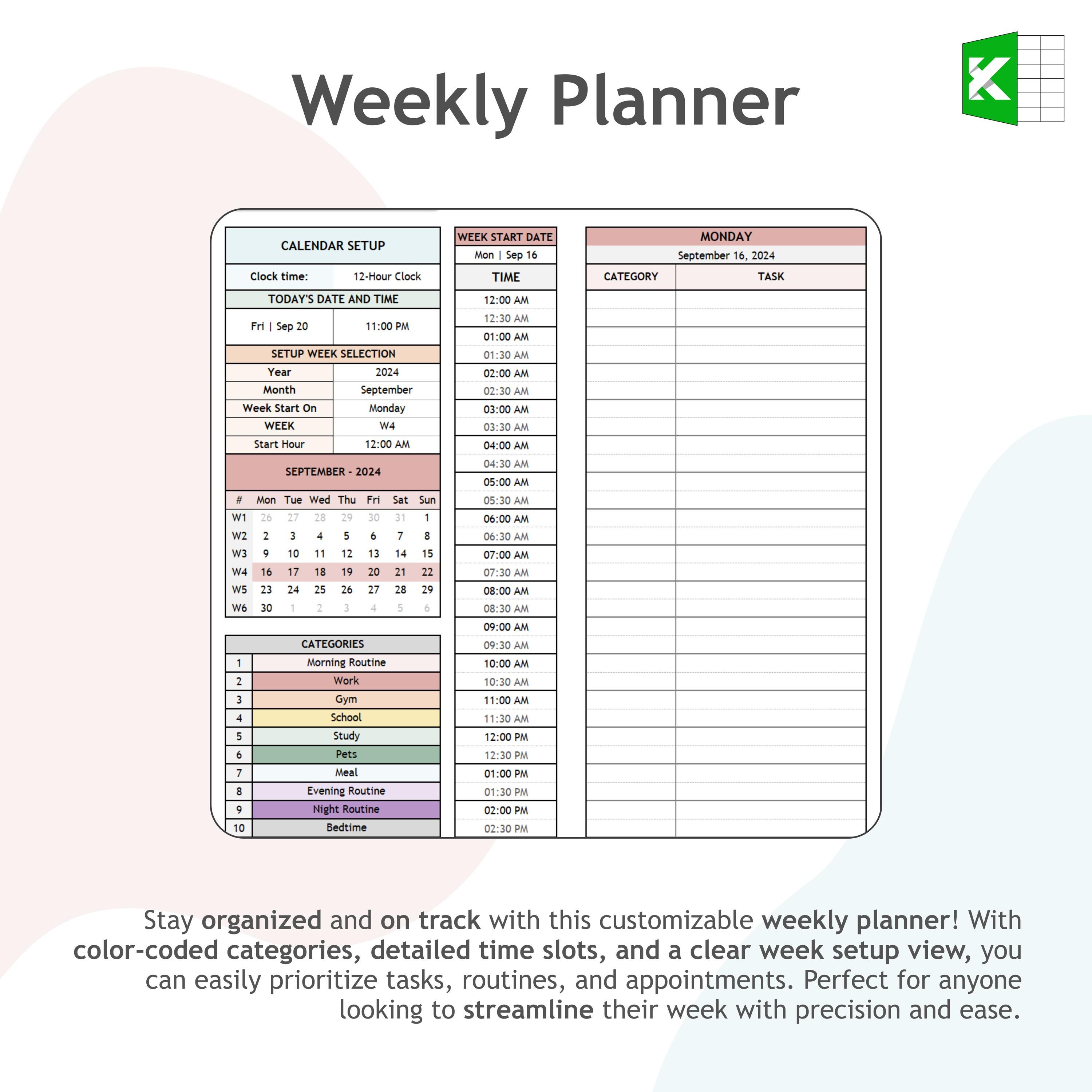 Weekly Planner - Excel Template With Weekly Schedule Planner Pastel - Etsy