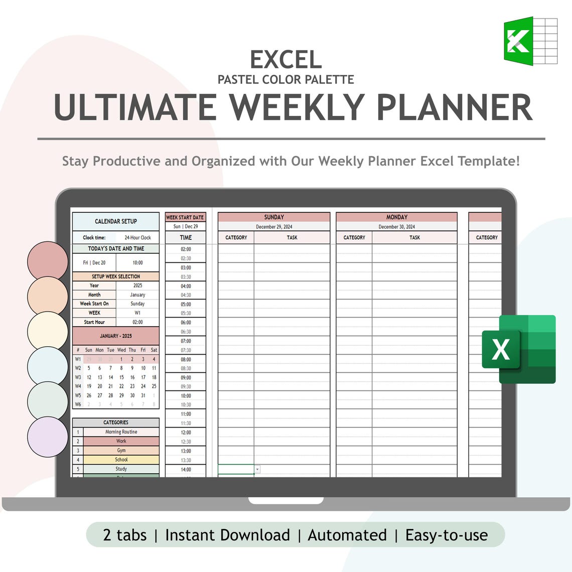 Weekly Planner - Excel Template With Weekly Schedule Planner Pastel - Etsy