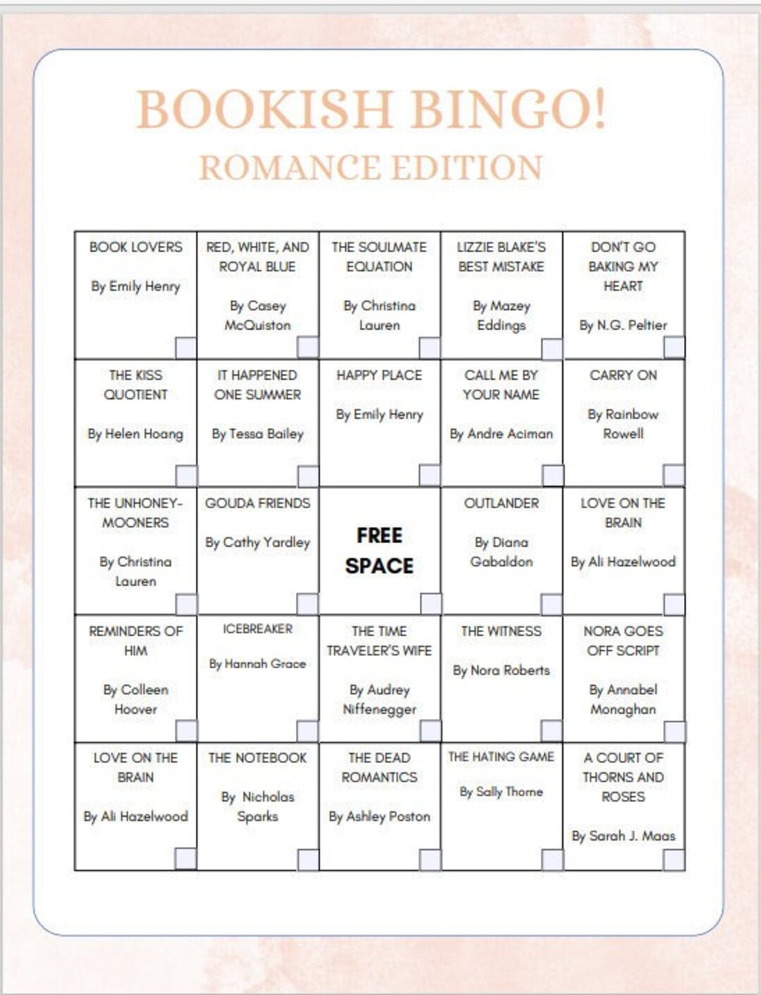 Book Bingo - Romance Edition - Etsy
