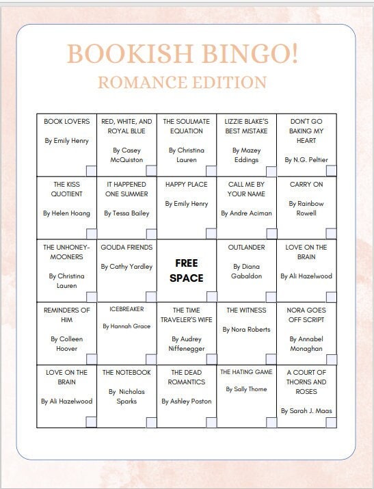 Book Bingo - Romance Edition - Etsy