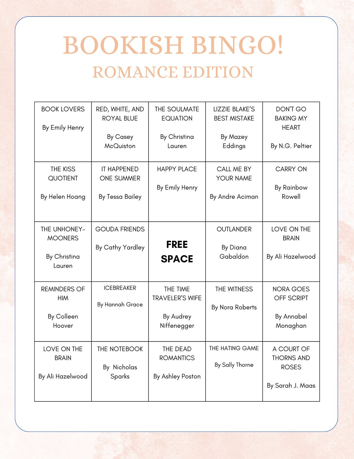 Book Bingo - Romance Edition - Etsy