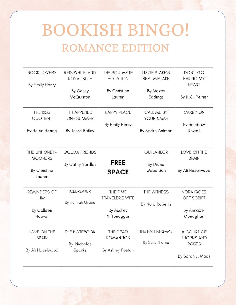 Book Bingo - Romance Edition - Etsy