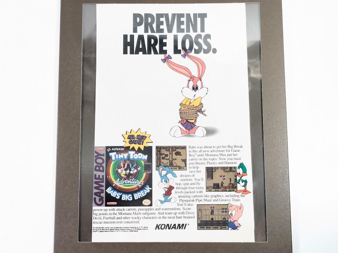 1992 Tiny Toon Adventures Babs Big Break Game Boy Laminated Ad Framed ...