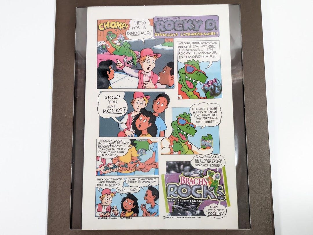 1993 Brach's Rocks Ad, Laminated Vintage Candy Promo, Framed Dinosaur ...