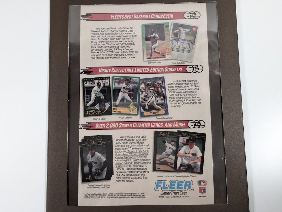 1992 Fleer Baseball Cards Ad, Laminated Vintage MLB Card Promo, Framed ...