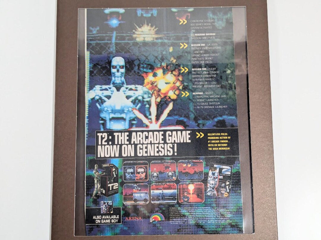 Terminator 2 Arcade Game Genesis Ad Vintage 1992 Framed Laminated Retro ...