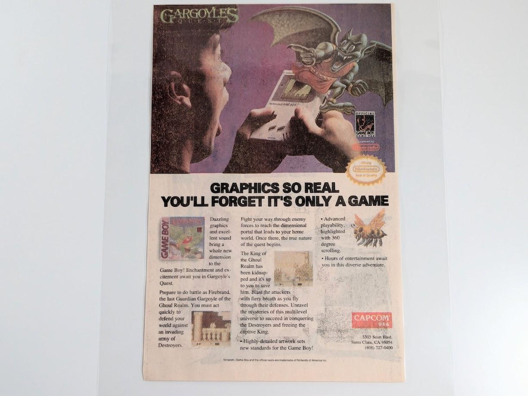 Vintage Gargoyle's Quest Game Boy Ad - 1990 Capcom Advertisement ...