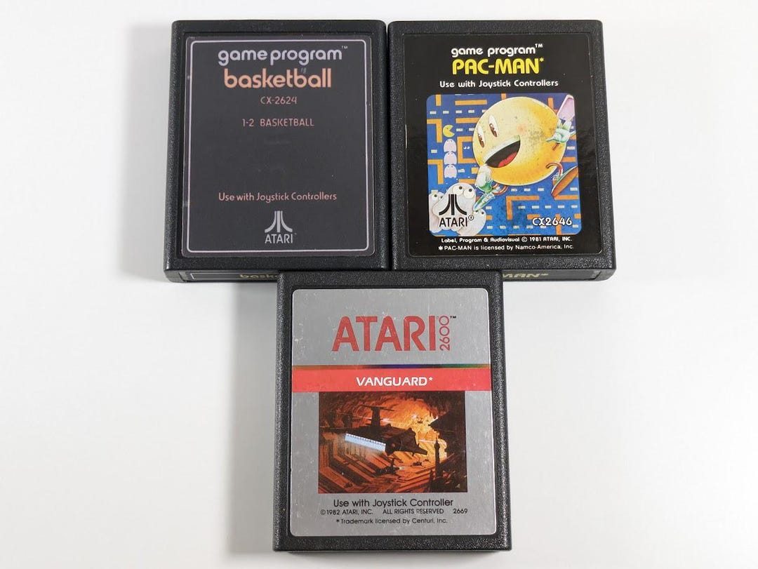 3 Atari 2600 Games W/ Repro Labels: Basketball, Pac-man, Vanguard ...