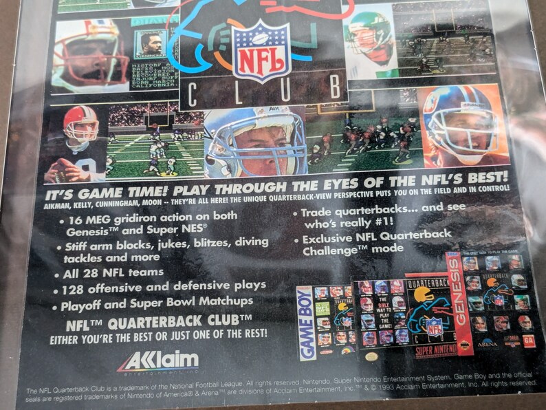 Vintage 1993 Framed Laminated NFL Quarterback Club Advertisement ...