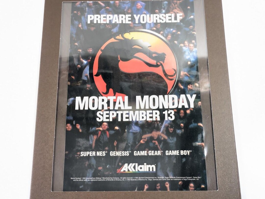 Mortal Kombat Mortal Monday Laminated Ad 1992 Framed Video Game Display ...