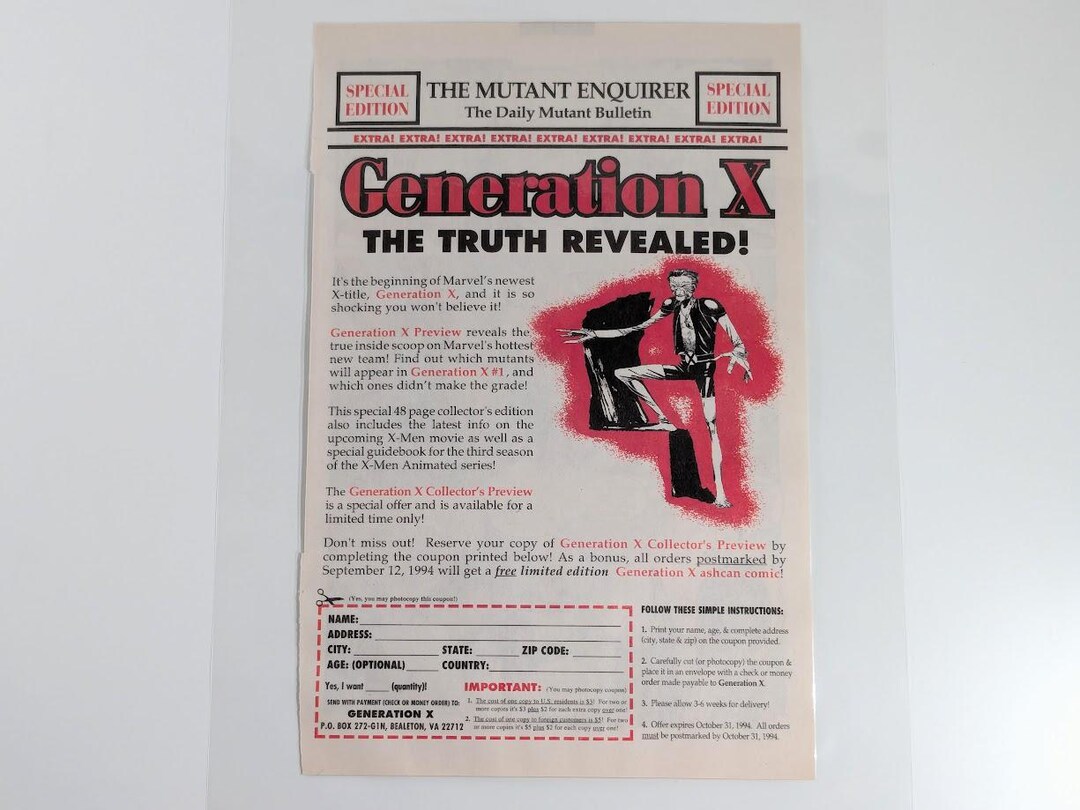 1994 Marvel Generation X Laminated Ad - Rare Comic Book Offer, X-men ...