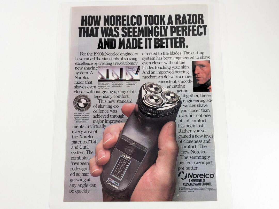 Vintage 1990 Norelco Razor Ad | Lift & Cut System Innovation | Sharp ...