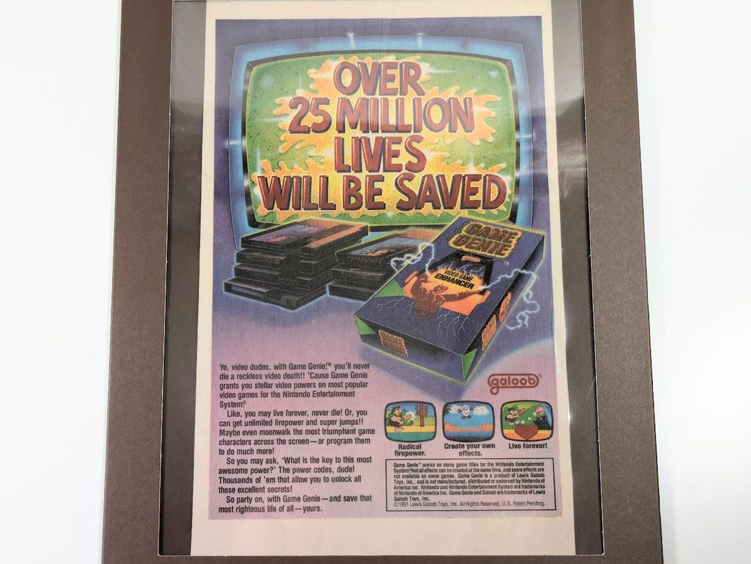 Game Genie Vintage Laminated Ad, Framed Video Game Cheat Enhancer for ...