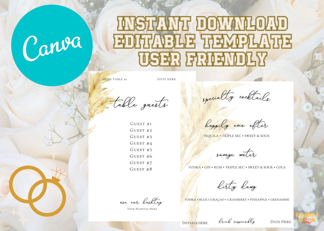 Editable Wedding Digital Bundle, Table Cards, Cocktail Menu Template ...