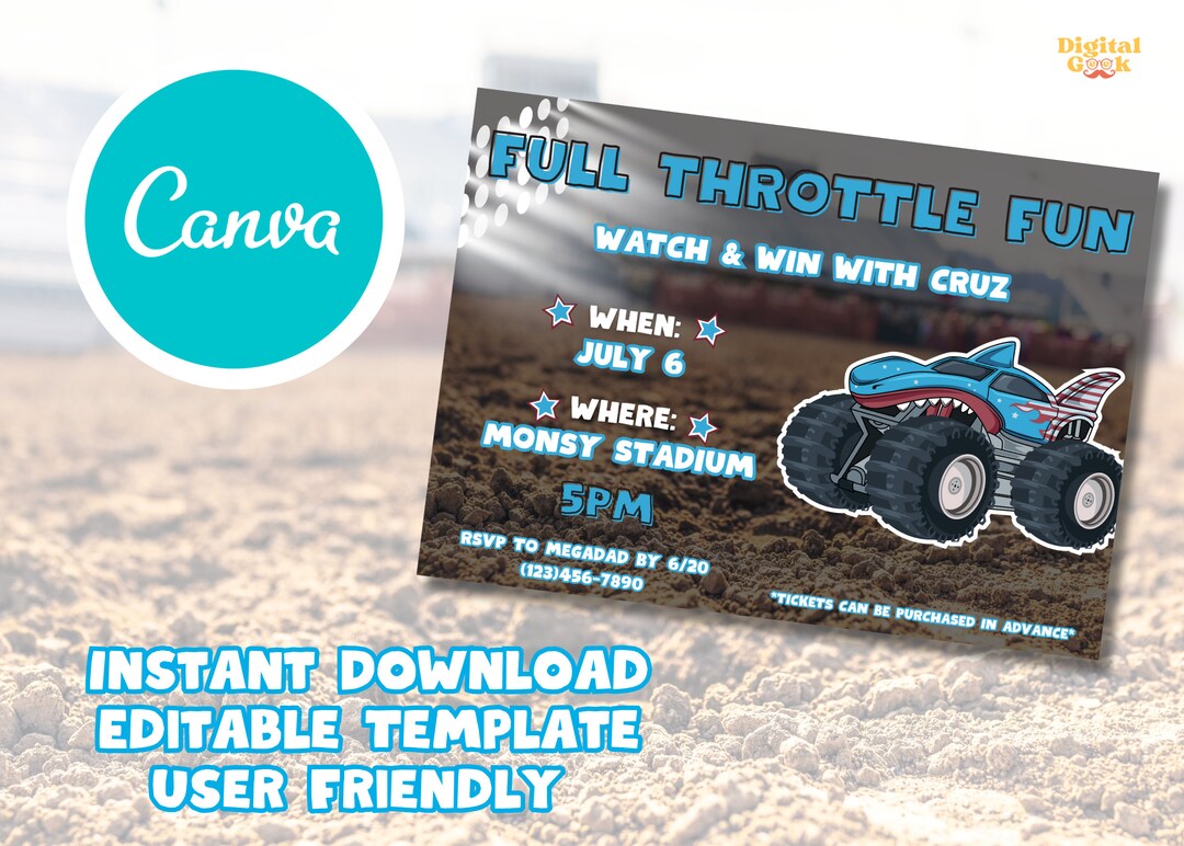 Editable* Monster Trucks Digital Invite, Stadium, Unisex Birthday ...