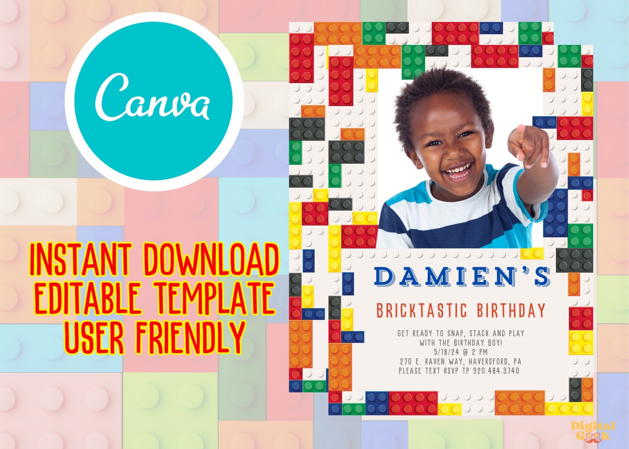 Editable Invitación digital Lego, Cumpleaños de bloque de color ...