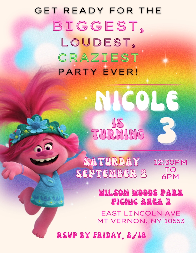 Editable* Trolls Digital Invitation, Trolls Birthday, Invitation ...