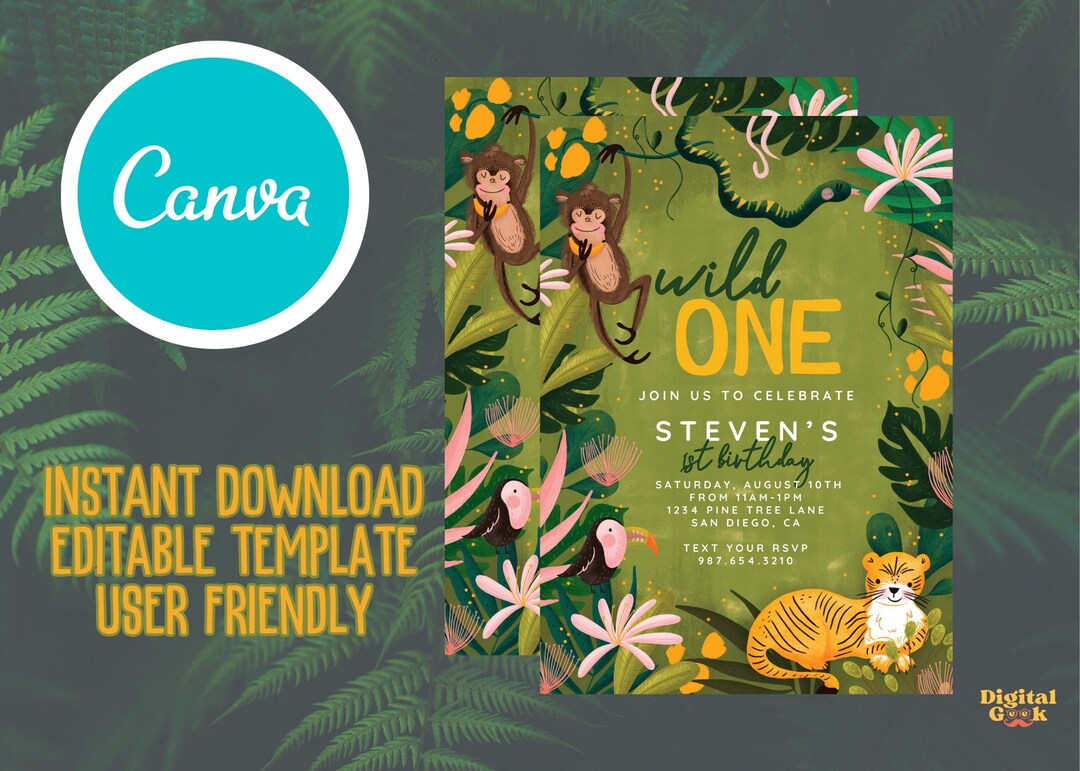 Editable* WILD ONE Digital Invitation, Jungle Birthday, Invitation ...