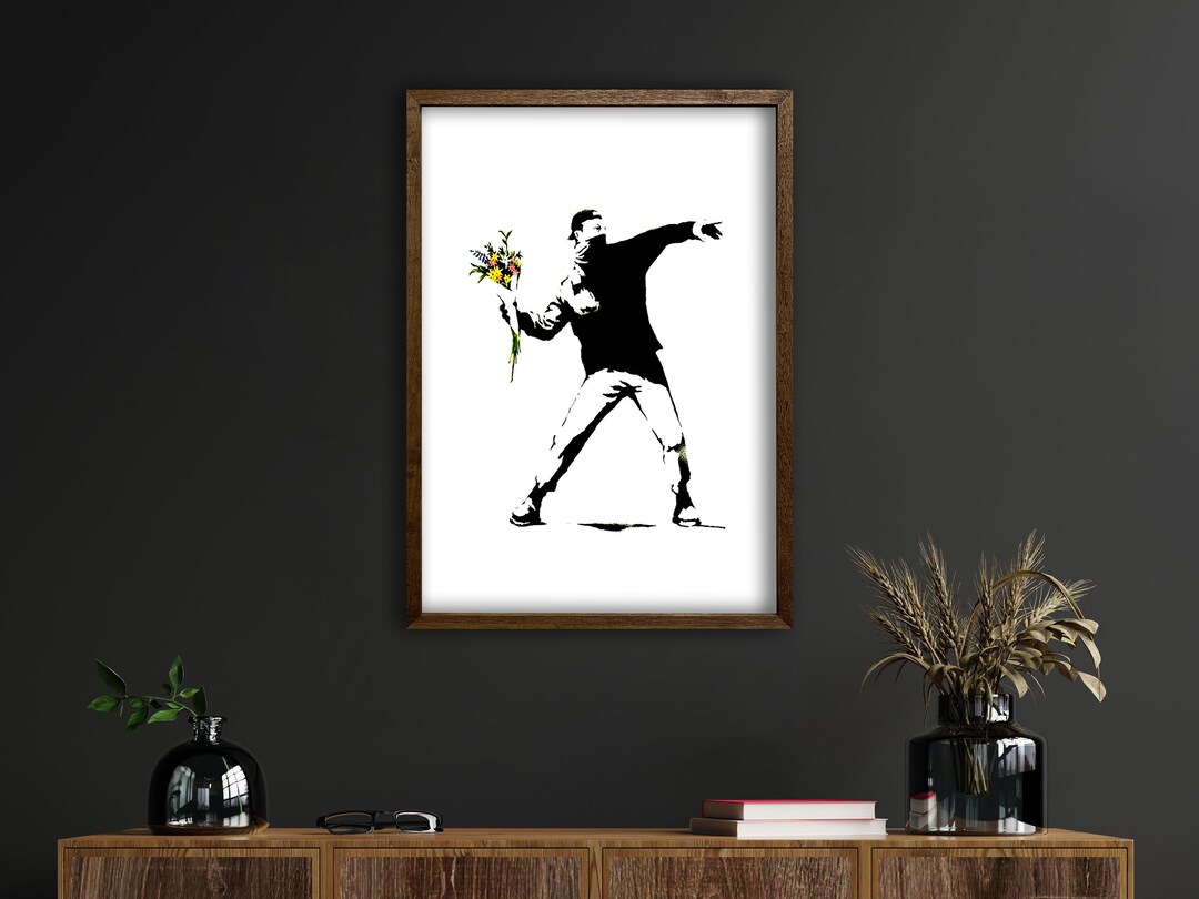 Rage Flower Thrower Banksy Wall Art Leather Print Floating Frame Canvas ...