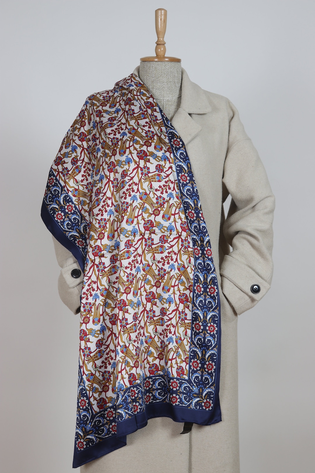 Silk Shawl With Tile Pattern, Turkish Shawl With Tulip Motif, Hand Knit ...