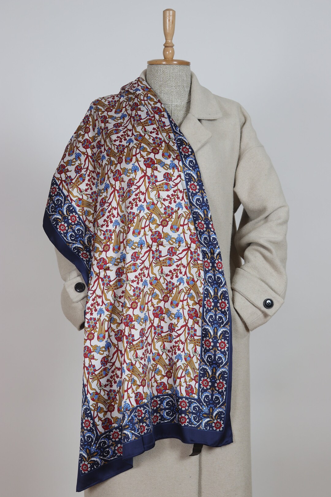 Silk Shawl With Tile Pattern, Turkish Shawl With Tulip Motif, Hand Knit ...