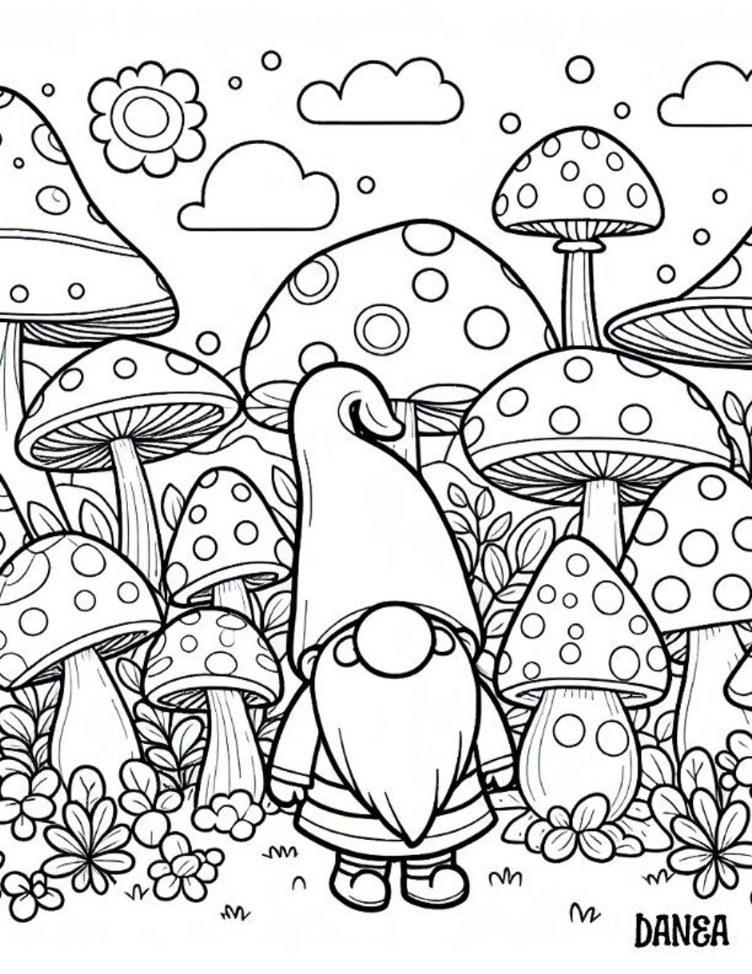 Gnome in Mushroom Land Coloring Page | Printable Coloring Page - Etsy