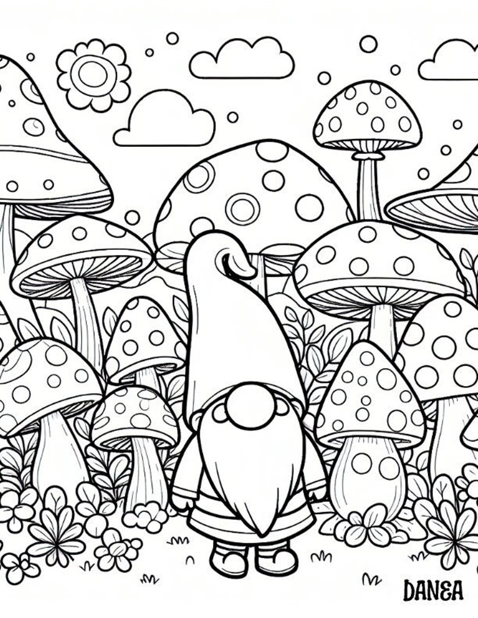 Gnome in Mushroom Land Coloring Page | Printable Coloring Page - Etsy
