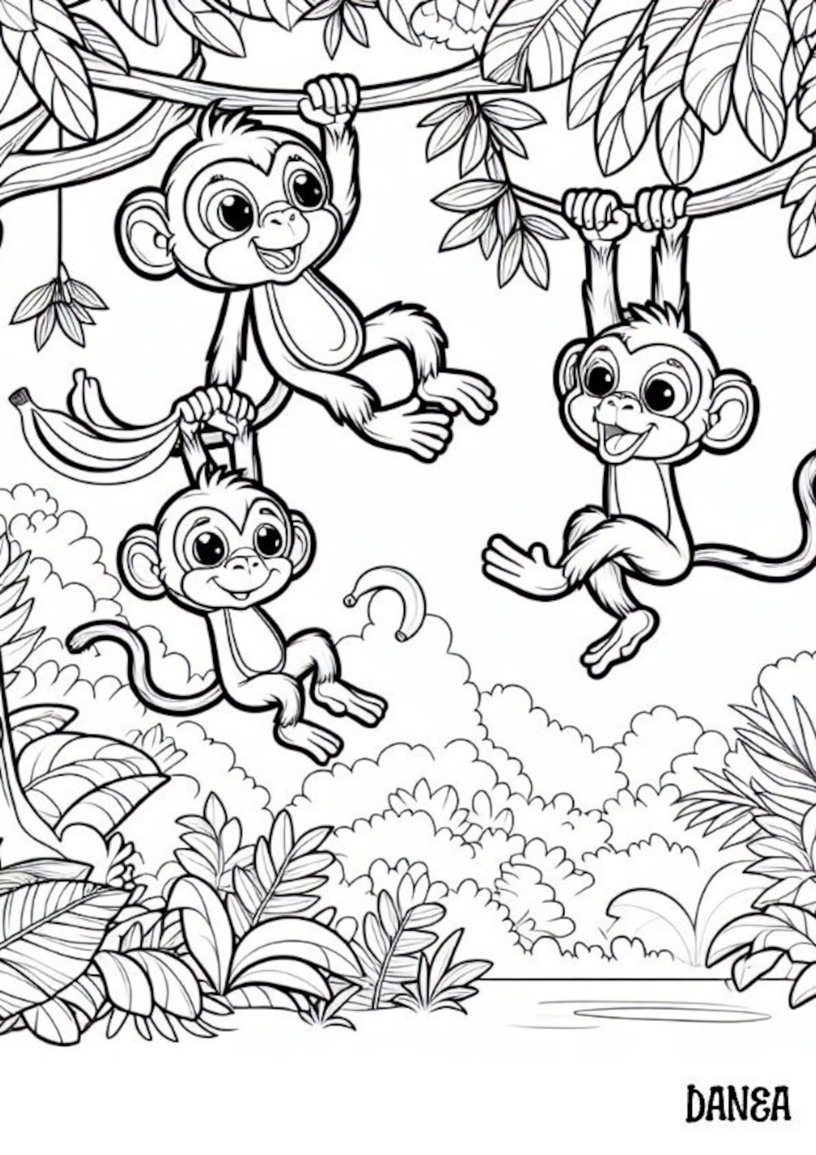 Three Monkeys Coloring Page | Kids Printable Coloring Page - Etsy