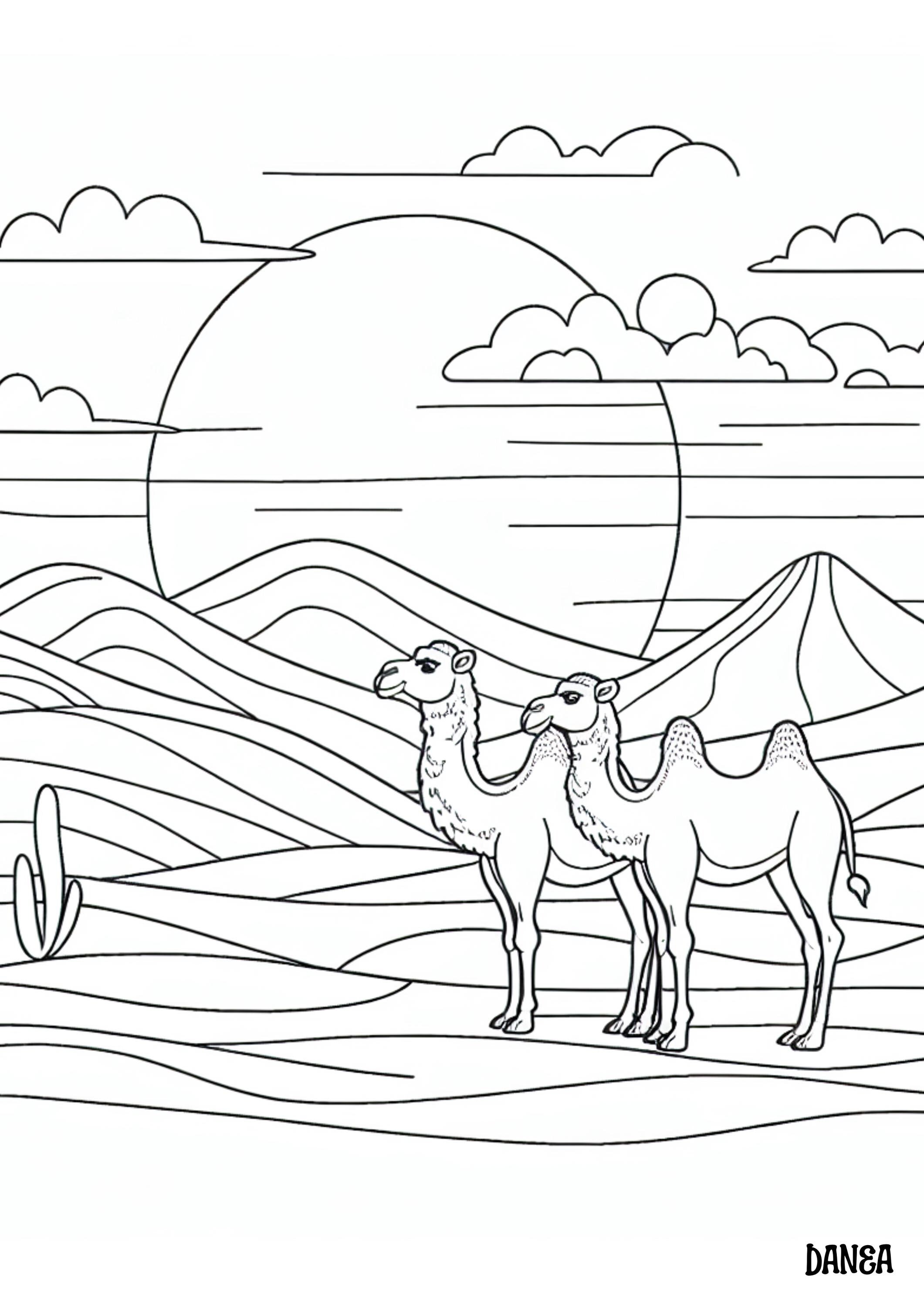 Camels at Sunset Coloring Page | Camel Printable Coloring Page | Animal ...