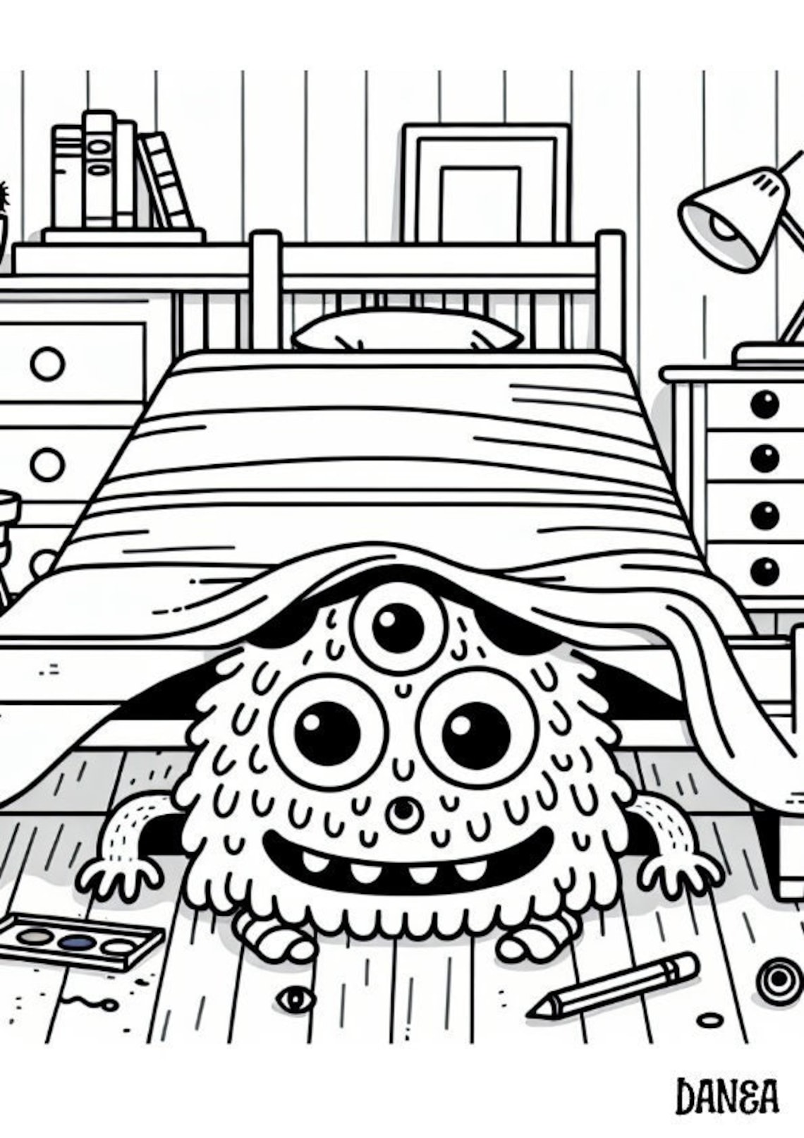 Monster Under the Bed Coloring Page | Kids Printable Coloring Page - Etsy