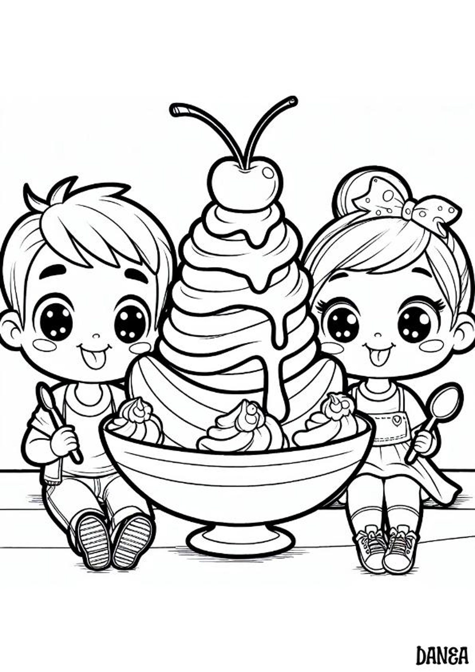 Banana Split Coloring Page Kids Sharing A Banana Split Printable Kids ...